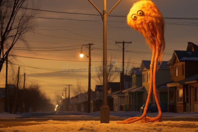 An Orange, Long-legged Monster Trying To Hide Behind a Thin Lamp Post ...