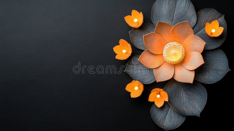 Orange Lotus Flower with Leaves on a Black Background Stock ...