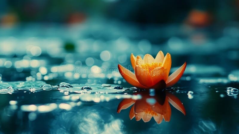 Orange Lotus Flower and Reflection on Tranquil Water Surface ...