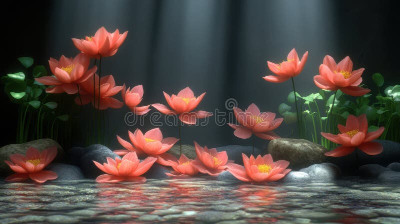 Orange Lotus Flowers Illuminated by Light Rays in Dark Water Stock ...