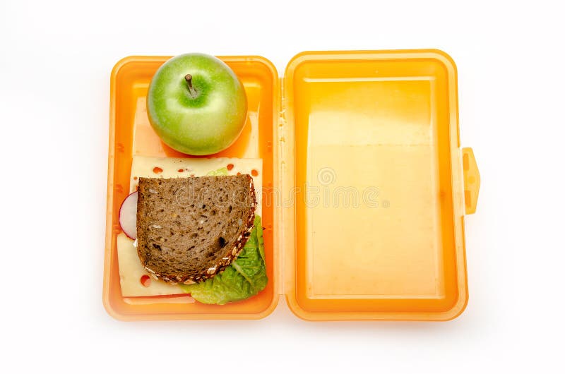 Orange Lunch Box with Bread and Apple on White Background, Isolated ...