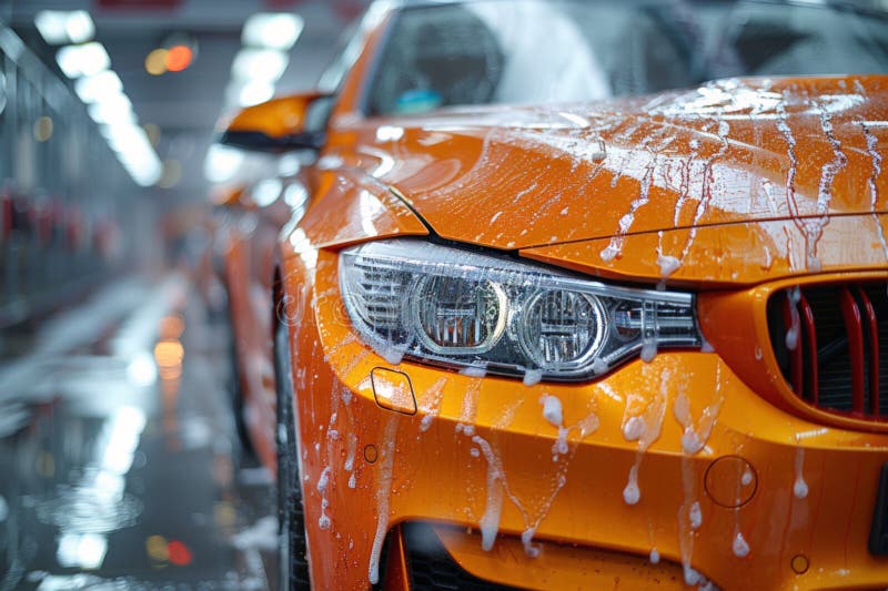 An Orange Luxurious Car is Being Washed in an Automatic Car Wash Stock ...