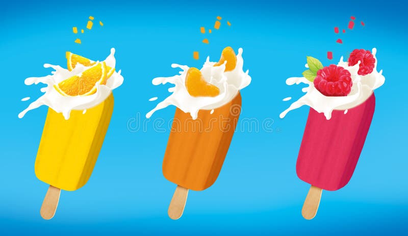 Orange Mandarine and Raspberry Fruit Ice Cream Set Isolated Onwhite ...