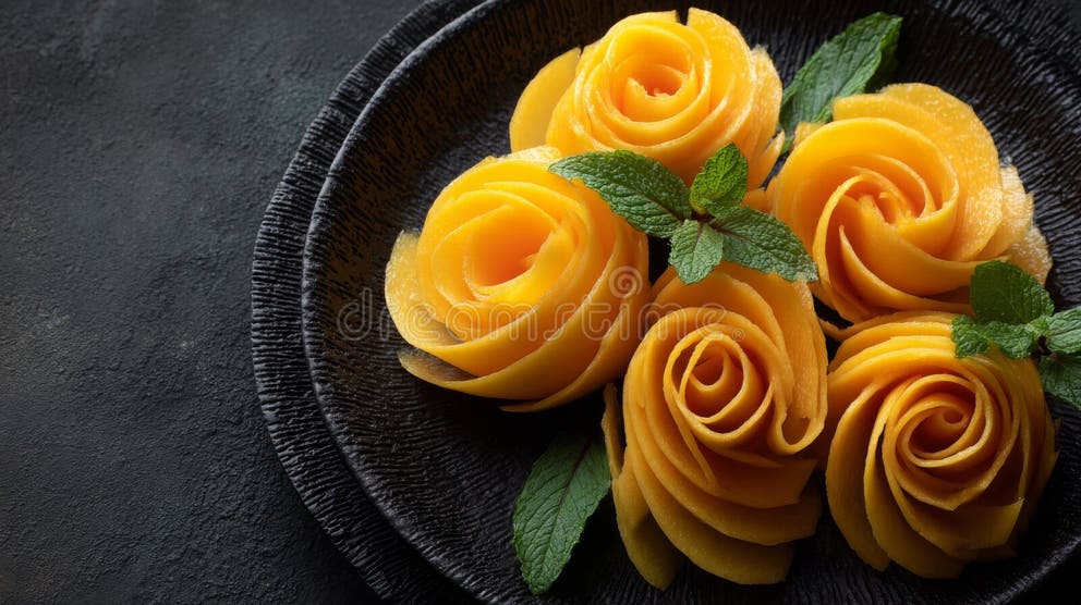 Orange Mango Roses on Dark Plate Stock Illustration - Illustration of ...