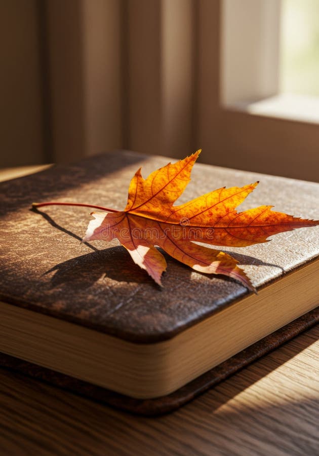 Orange Maple Leaf on Brown Leather Book in Sunlight Stock Illustration ...