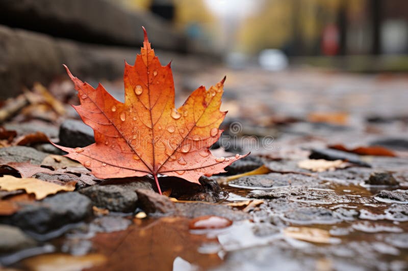 An Orange Maple Leaf Laying on the Ground in the Rain Stock ...