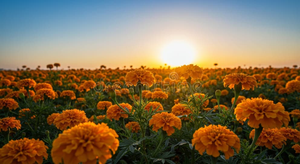 Orange Marigold Field at Sunset Stock Illustration - Illustration of ...