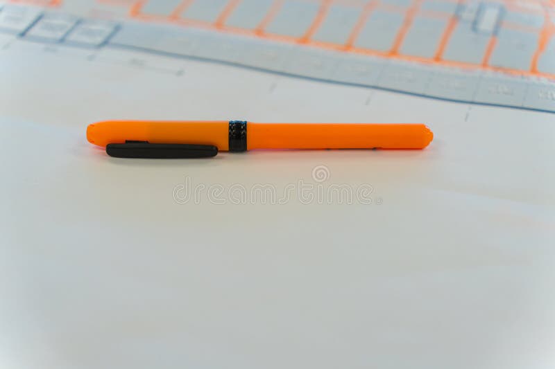 Orange Marker Highlighter Used To Markup Blueprints Stock Photo - Image ...