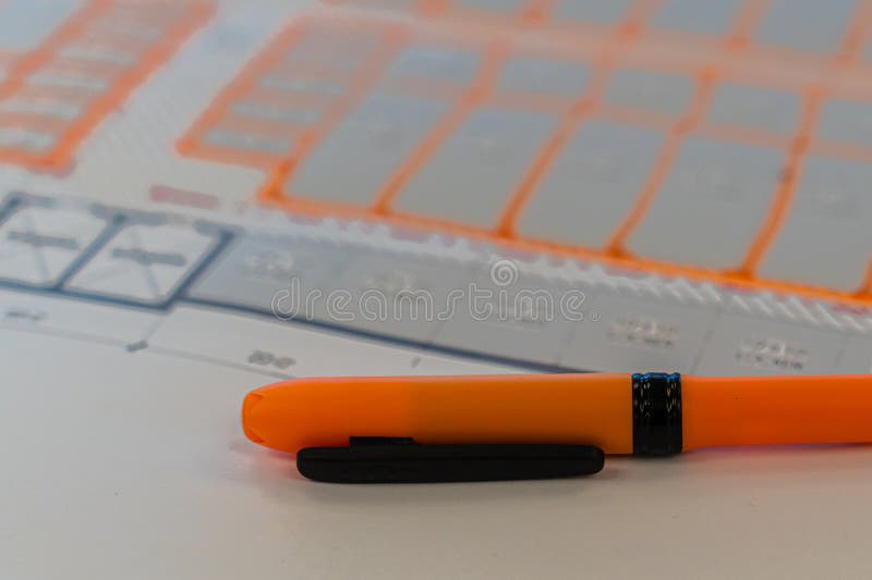 Orange Marker Highlighter Used To Markup Blueprints Stock Photo - Image ...