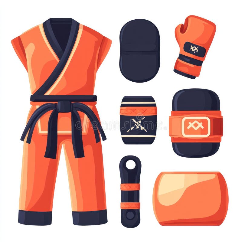 Orange Martial Arts Uniform Illustration with Equipment Stock ...