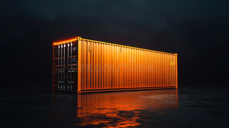 Orange Metal Container Sits on Dark Wet Surface with Reflections. Dark ...
