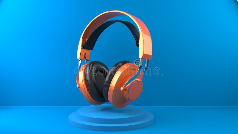 Orange Metallic Modern Headphones Headset on Bright Blue Background and ...
