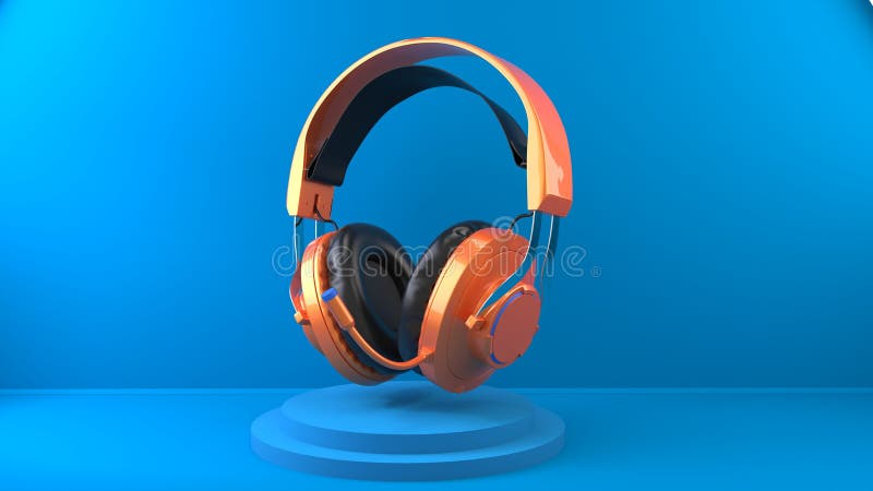 Orange Metallic Modern Headset on Bright Blue Background and Stand ...