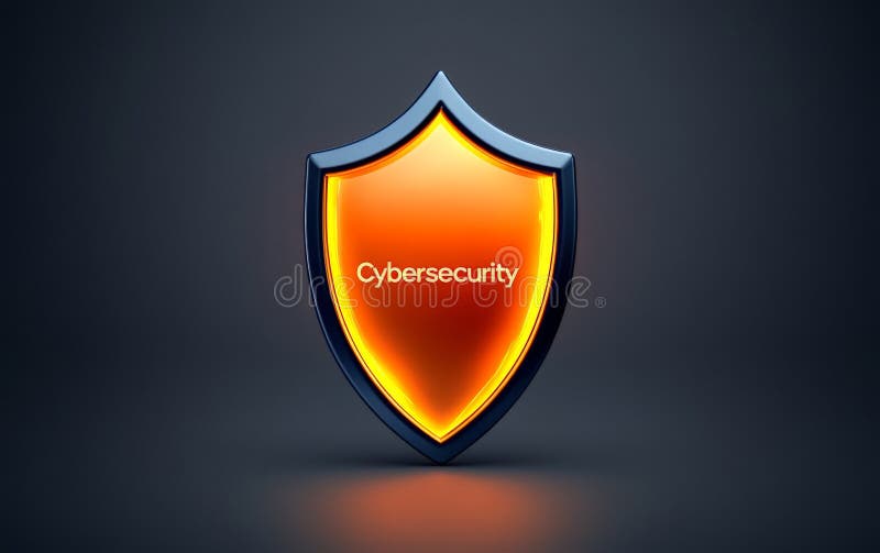 Orange Metallic Shield with the Word Cybersecurity in Glowing Text ...