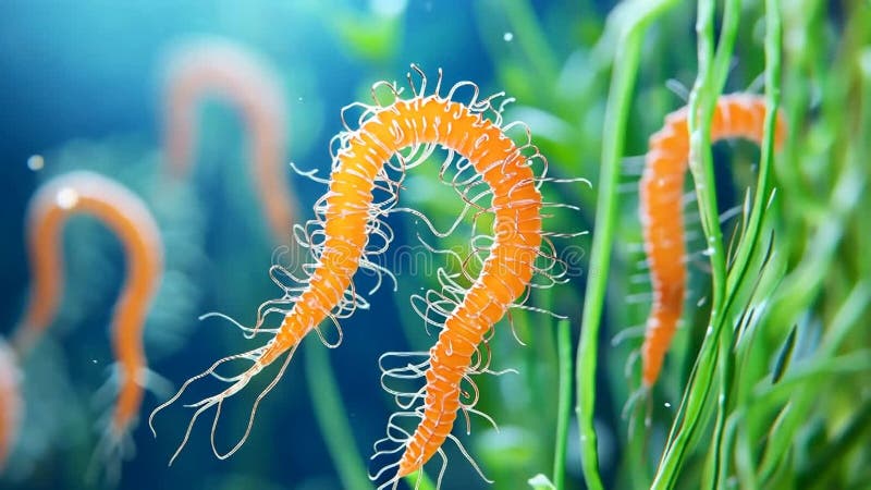 Orange Microorganisms with Tendrils Amidst Green Foliage in a Blue ...