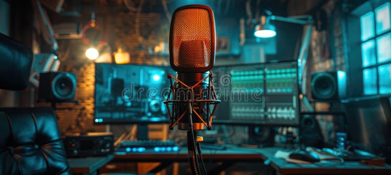 An Orange Microphone is in Front of Two Different Monitors Stock Image ...