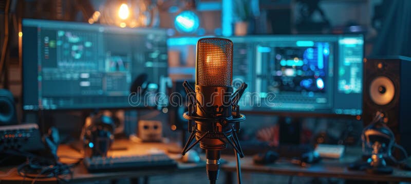An Orange Microphone is in Front of Two Different Monitors Stock Image ...