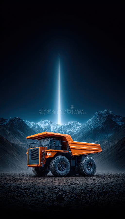 An Orange Mining Truck Stands Beneath a Mountain Range, Illuminated by ...