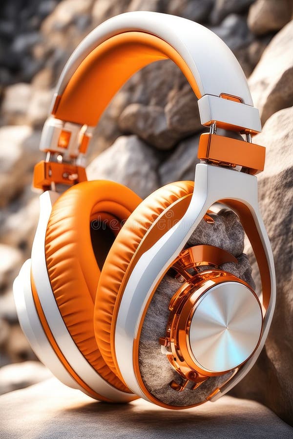 Orange Mix White Headphone on Blur Background, Vertical Composition ...