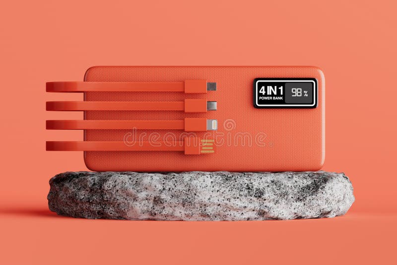 Orange Mobile Devices Charging Power Bank on a Stone Stage. 3d ...