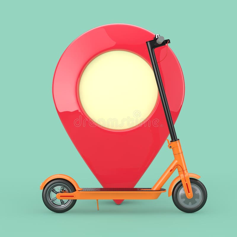 Orange Modern Eco Electric Kick Scooter with Red Map Pointer Pin. 3d ...