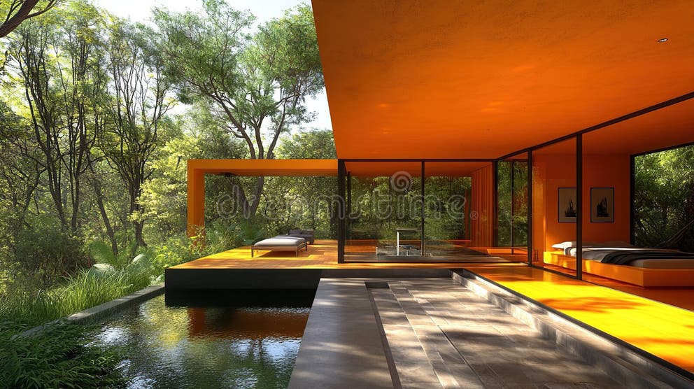 Orange Modern House, Forest Views, Relaxation, Pool Stock Illustration ...