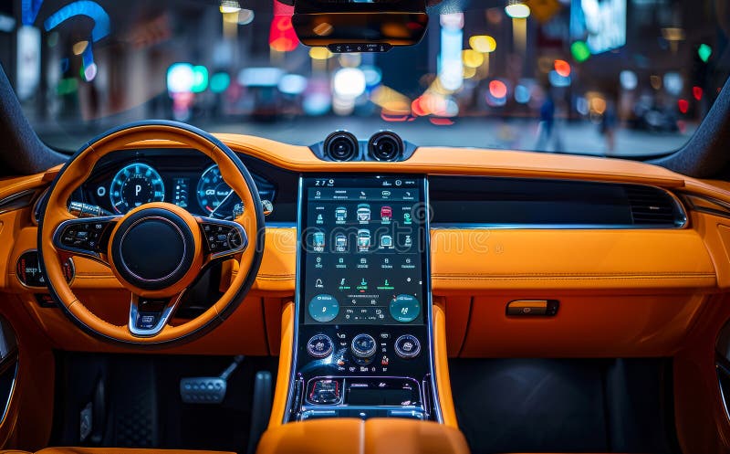 Orange Modern Luxury Car Interior with the Dashboard Stock Image ...