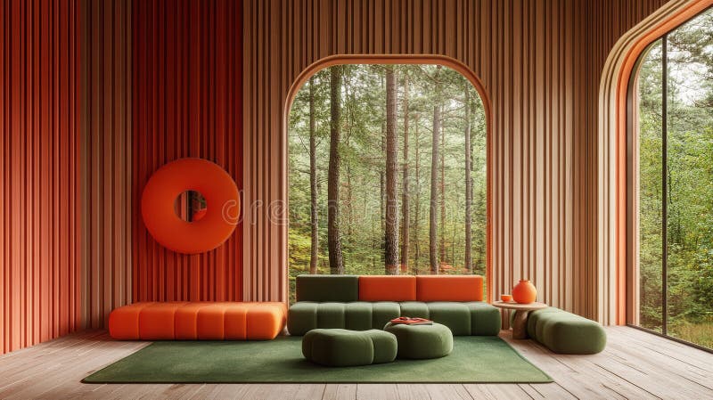 Orange Modular Sofa Forest View Modern Room Interior Design Stock Image ...