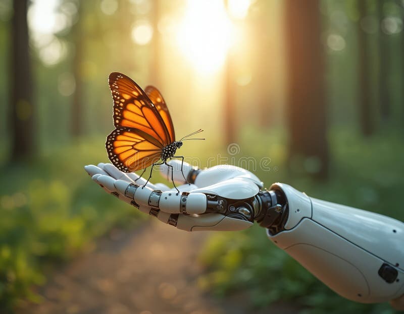 Orange Monarch Butterfly Rests on Robot Hand in Sunlit Forest. Concept ...