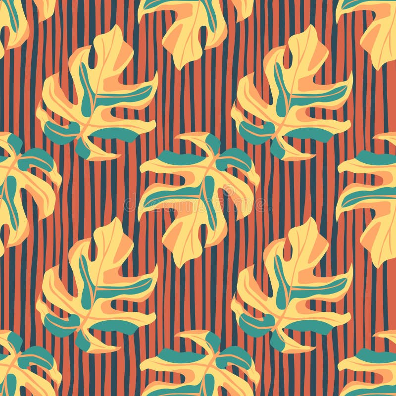 Orange Monstera Leaves Seamless Pattern. Stylized Exotic Print with ...