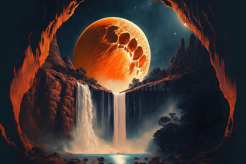 The Orange Moon Above a Large Waterfall Stock Illustration ...