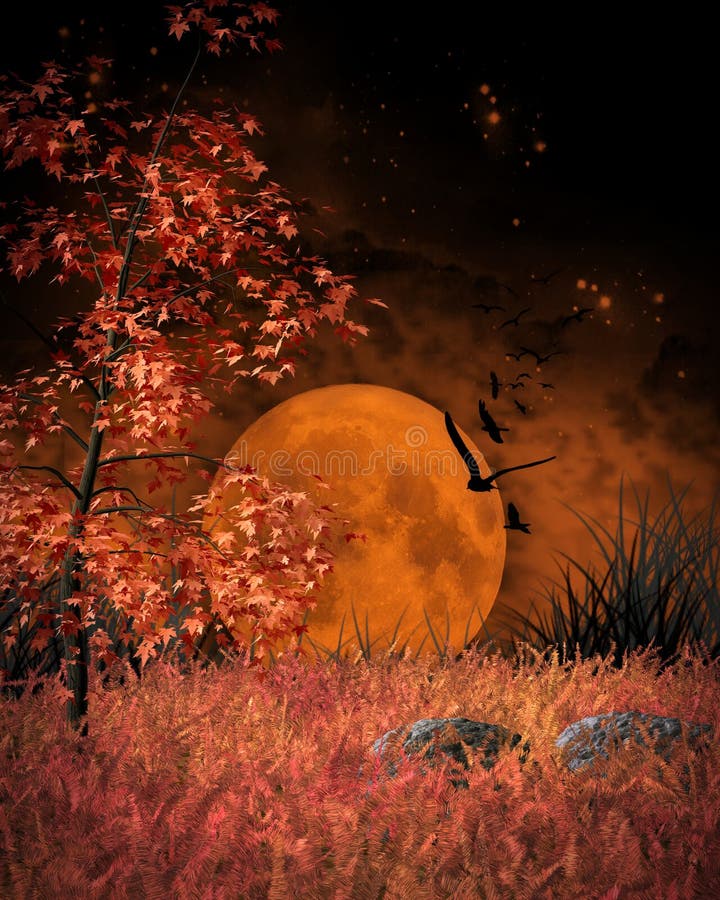 Fantasy Landscape with Moon Stock Illustration - Illustration of ...