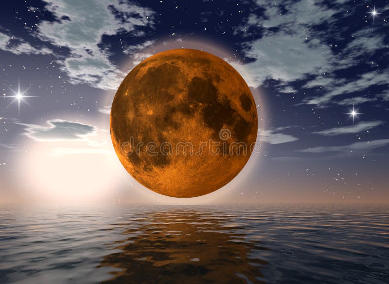 Orange moon over the ocean stock illustration. Illustration of night ...