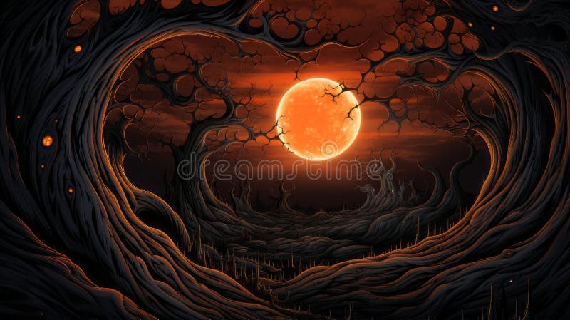 An Orange Moon in the Shape of a Heart in a Dark Forest Stock ...