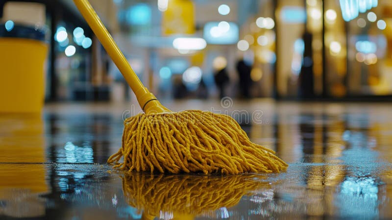 An Orange Mop is Cleaning the Floor with the Background Blurred for ...