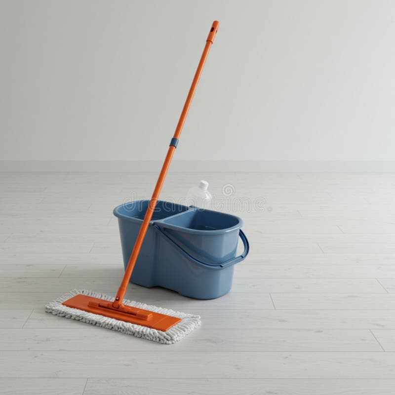 Orange Mop with a Rectangular Head and White Fringe Leaning Against a ...