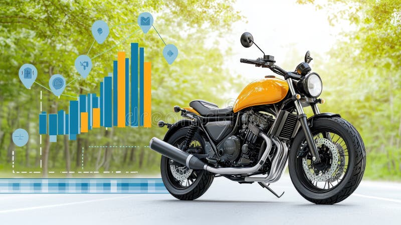 Orange Motorcycle on Road with Analytics Chart in Background Stock ...
