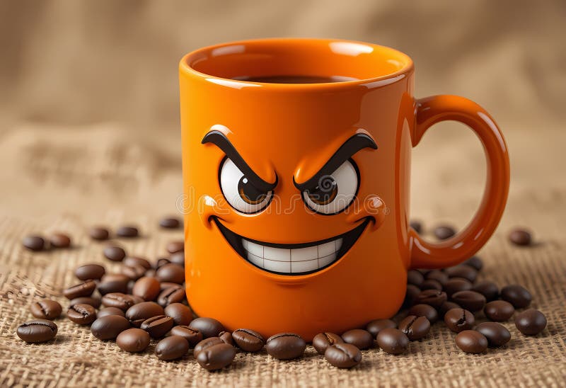 Orange Mug with Angry Face, Coffee Beans Stock Illustration ...