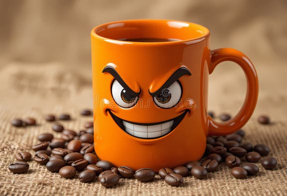 Orange Mug with Angry Face, Coffee Beans Stock Illustration ...