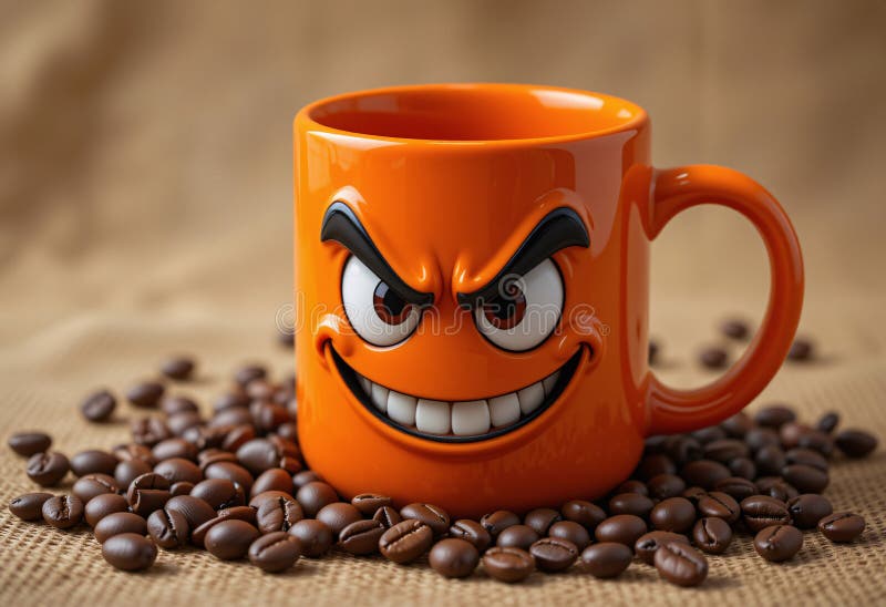 Orange Mug with Angry Face Surrounded by Coffee Beans Stock ...