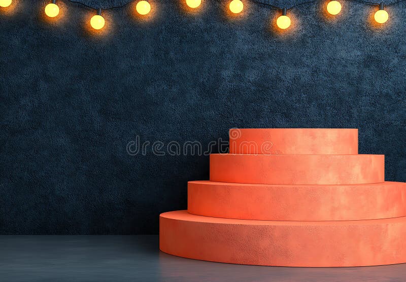 Orange Multi Level Podium Against Dark Textured Wall with String Lights ...