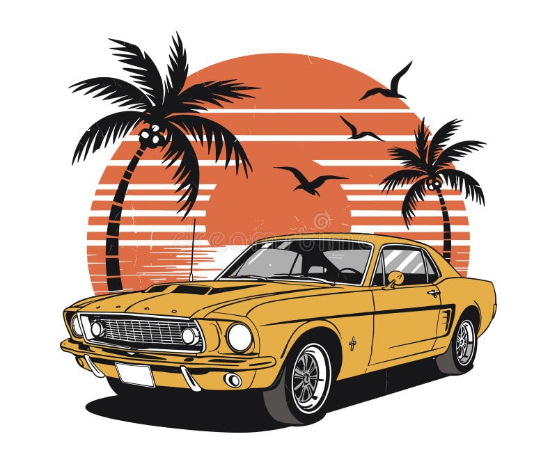 Orange Mustang Vector - Retro Sunset Beach Scene Art Stock Vector ...