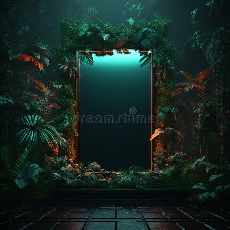 Neon Frame Template among Tropical Jungle Green Foliage. 3D Render ...