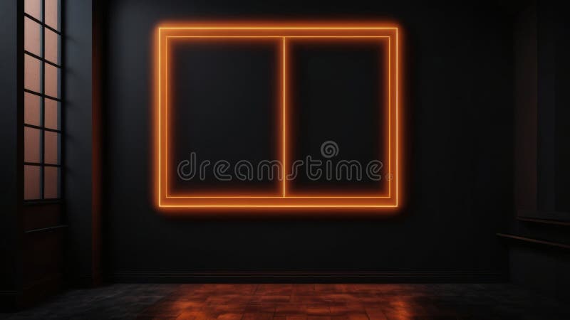 Orange Neon Light Frame Glowing on a Dark Wall in a Room with a Window ...