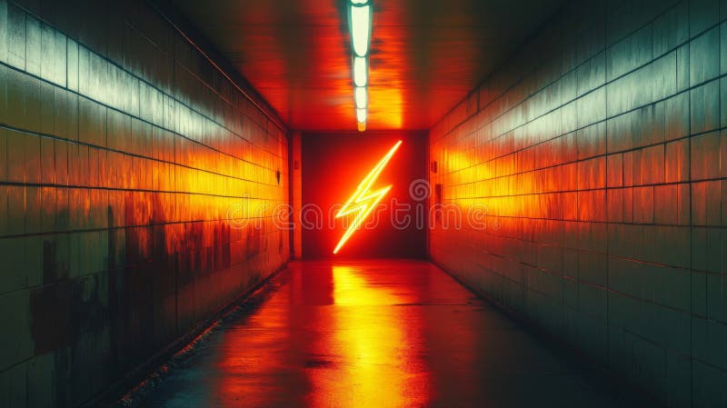 Orange Neon Lightning Bolt in Dark Urban Tunnel Stock Illustration ...