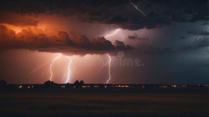 Orange Night Sky with Storm Clouds and Lightning. Stock Illustration ...