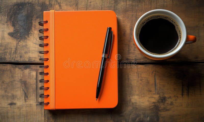 Orange Notebook and Black Pen beside Coffee Cup on Wooden Table Stock ...
