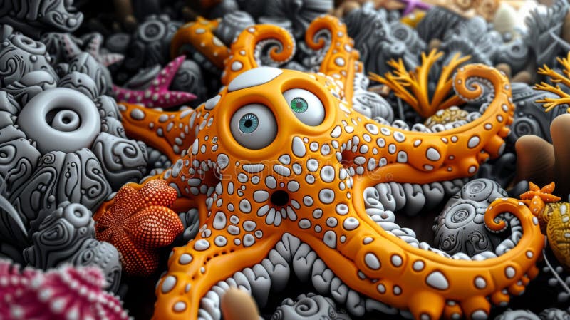 An Orange Octopus with Big Eyes and a Bunch of Other Sea Creatures, AI ...