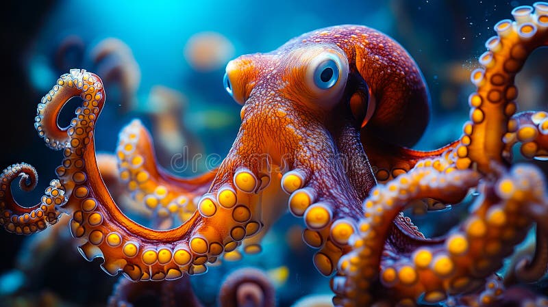 An Orange Octopus with Blue Eyes in an Aquarium Stock Image - Image of ...