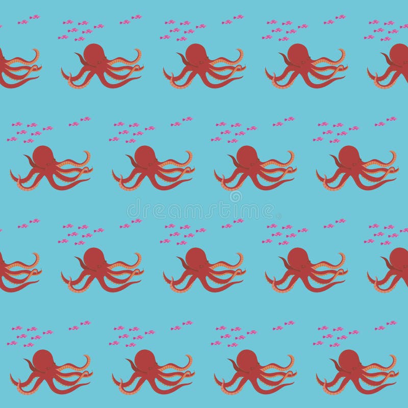 Orange Octopus with Fish in Cartoon Style. Seamless Pattern Stock ...